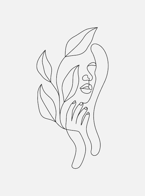 Minimalna Ręcznie Rysowana Ilustracja Pięknej Kobiety I Pozostawia