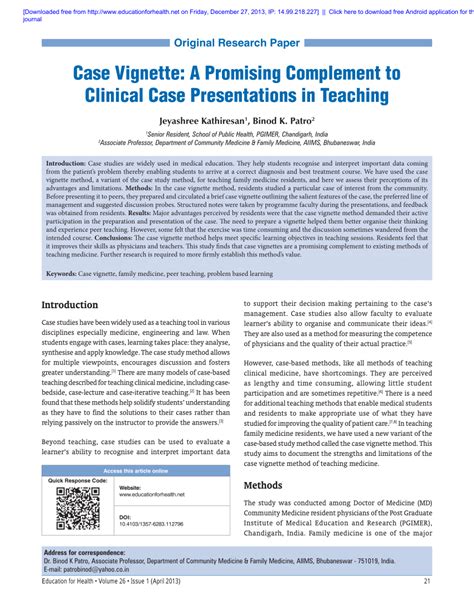Pdf Case Vignette A Promising Complement To Clinical Case Presentations In Teaching