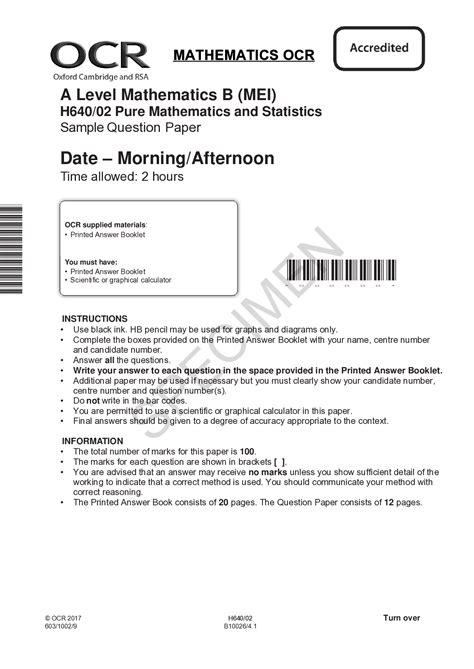 A Level Mathematics B Mei H64002 Pure Mathematics And Statistics Sample Question Paper