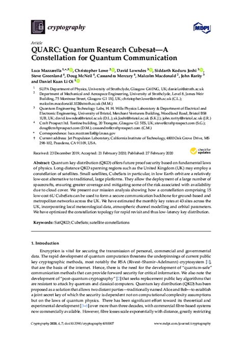 Pdf Quarc Quantum Research Cubesat—a Constellation For Quantum Communication