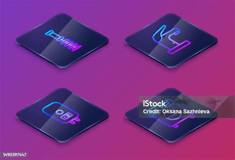 아이소메트릭 라인 변기 브러시 전기 보일러 수도꼭지 및 세탁기를 설정합니다 파란색 사각형 버튼입니다 벡터 3차원 형태에 대한 스톡 벡터 아트 및 기타 이미지 Istock