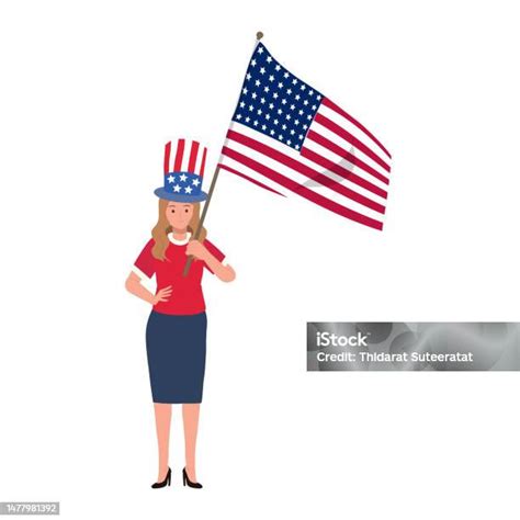 미국 7 월 4 일 독립 기념일 양보 축하하기 위해 미국 국기를 들고 있는 미국 여성 평면 벡터 만화 그림 7월에 대한 스톡 벡터 아트 및 기타 이미지 Istock
