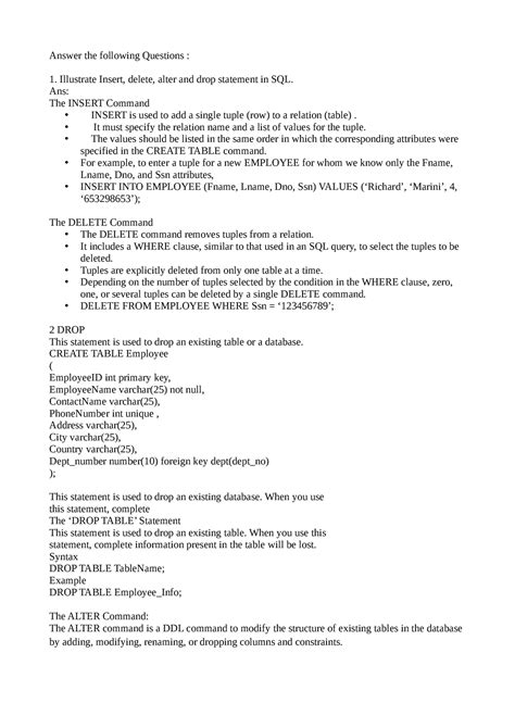 DBMS This Is An Assignment Answer The Following Questions Illustrate Insert Delete