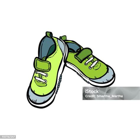 운동 화 단 화 쌍 절연 녹색 신발 손으로 그린 벡터 일러스트 레이 션 로고 포스터 엽서 패션 책자 전단지에 대 한 손으로 그린 스포츠 부츠 벡터 스케치 운동 화 그린 슈즈