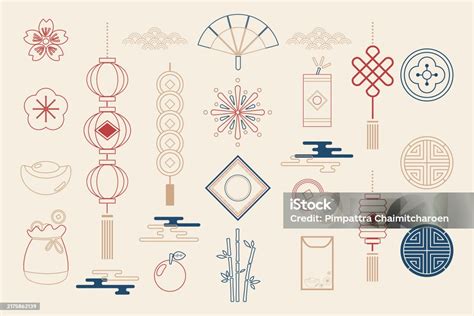 손으로 그린 일러스트 세트 아시아 중국어 전통 빨간색과 금색 요소는 축하와 중국 설날을 설명합니다 포스터 카드 태그 초대장