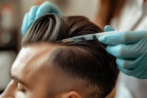 A Male Client Receiving A Scalp Injection From A Cosmetologist To Stimulate Hair Growth