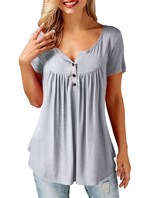 Amoretu Womens Short Sleeve Tunic Button Up Tshirts Soft Blouses Tops