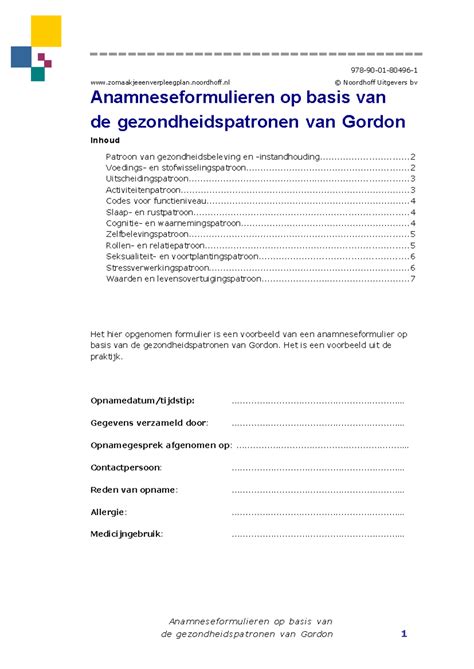 Anamneseformulieren Volgens Gordon Gezondheidspatronen Overzicht
