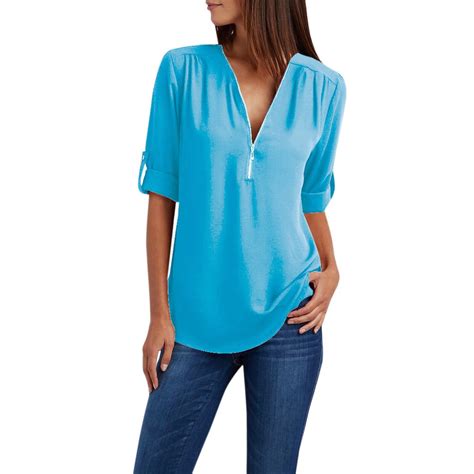 Hombom T Shirts For Women Sky Blue Short Sleeve Casual Half Zip V Neck