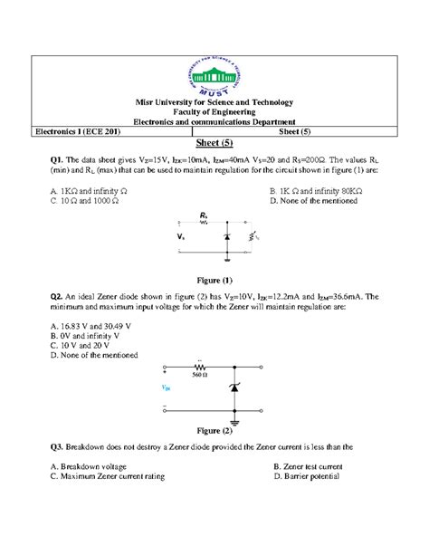 Sheet 5 Qesutions On Zener Diode Sheet 5 Q1 The Data Sheet Gives Vz 15v Izk 10ma Izm