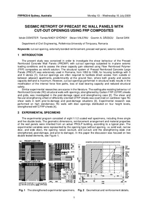 Pdf Precast Rc Wall Panels With Cut Out Openings Retrofitted By Frp