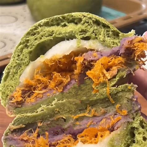 Matcha Taro Chicken Floss Mochi Oubao 抹茶芋泥鸡丝麻薯欧包 低糖低油 Low Sugar Low