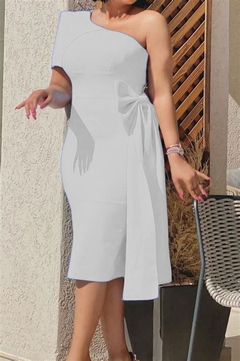 Wholesale White Sexy Solid Patchwork One Shoulder Pencil Skirt Dresses