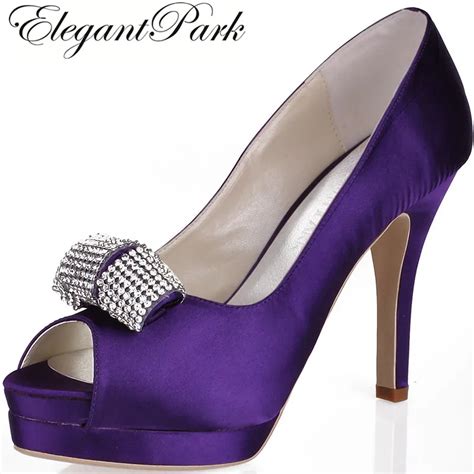 Women Purple High Heel Peep Toe Rhinestone Platform Pumps Satin