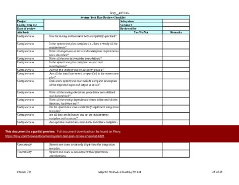 System Test Plan Review Checklist Template Excel Xls