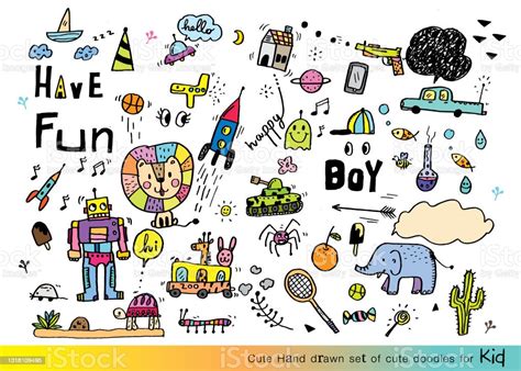 子供のためのかわいい落書きのベクトルイラスト装飾のためのかわいい落書きの手描きセット面白い落書き手描き夏子供の人生からのオブジェクトの落書き