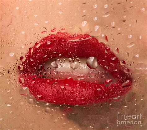Lips Lipstick Female Woman Girl Drop Water Glass Blur Digital Art By