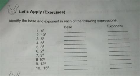 Solved Lets Apply Exercises Identify The Base And Exponent In Each