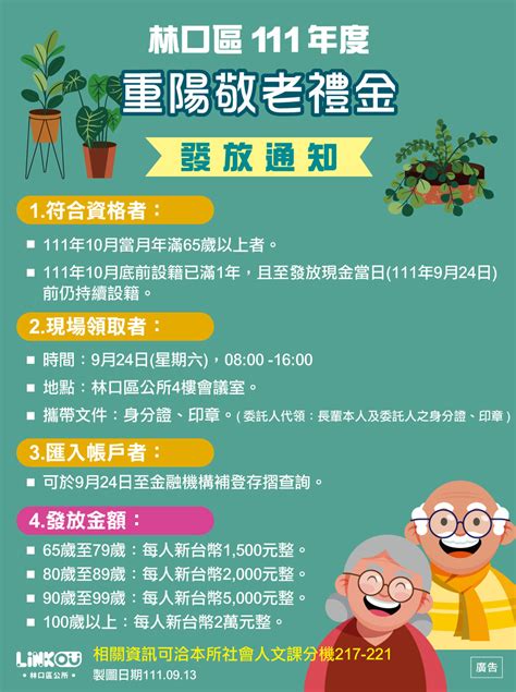 林口區公所、天空之城 📢【111年林口區重陽敬老禮金｜發放通知】 領取資格 年滿65歲以上者111年10月底前滿65歲 111年