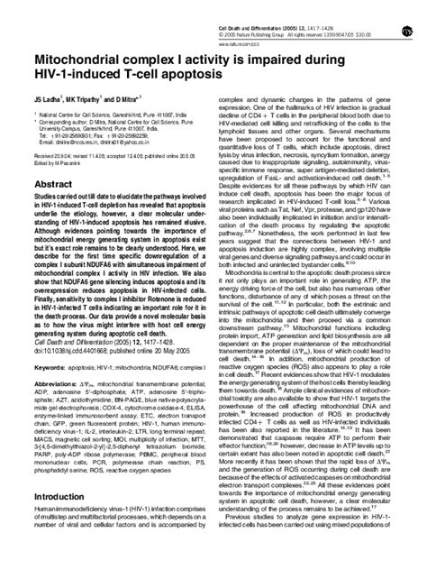 Mitochondrial Complex I Activity Is Impaired During Hiv 1 Induced T
