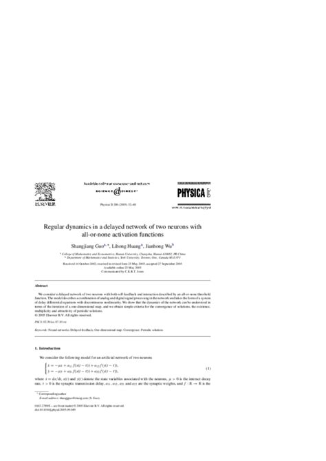 Pdf Regular Dynamics In A Delayed Network Of Two Neurons With All Or None Activation Functions