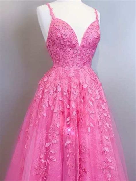 V Neck Pink Tulle Lace Prom Dresses V Neck Hot Pink Tulle Lace Formal