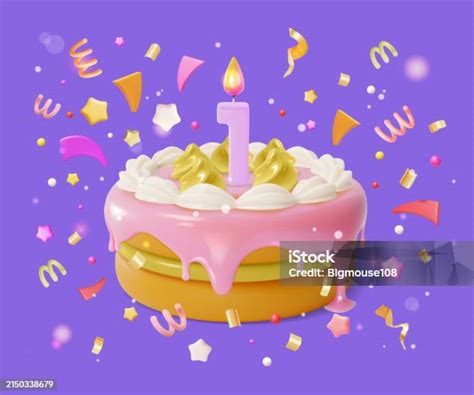 촛불과 색종이 포퍼 뱀 만화 디자인 스타일과 3d 생일 케이크 벡터 3차원 형태에 대한 스톡 벡터 아트 및 기타 이미지 3