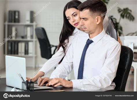 Beautiful Young Secretary Seducing Her Boss Office Concept Harassment