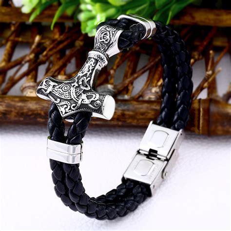 Bracelet De Viking Avec Tresse En Cuir Noir Et Mjolnir Bijou Antique Homme