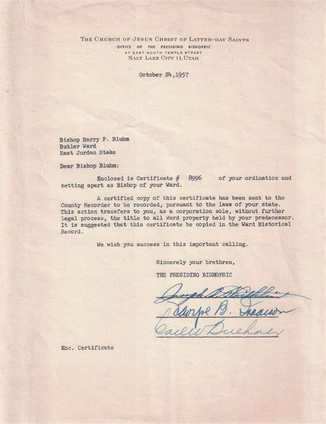 1957 — Letter Signed The The Lds Presiding Bishopric — Joseph B