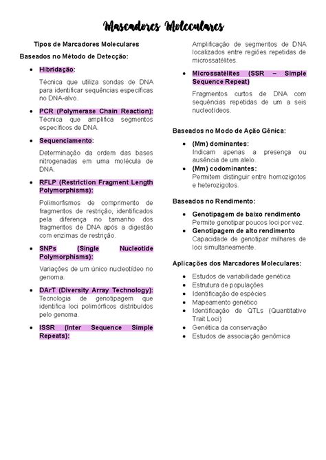 Resumo De Genetica Tipos De Marcadores Moleculares Baseados No Método