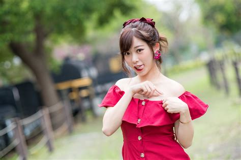 Asian Bokeh Pose Brown Haired Dress Tongue Glance Hd Phone