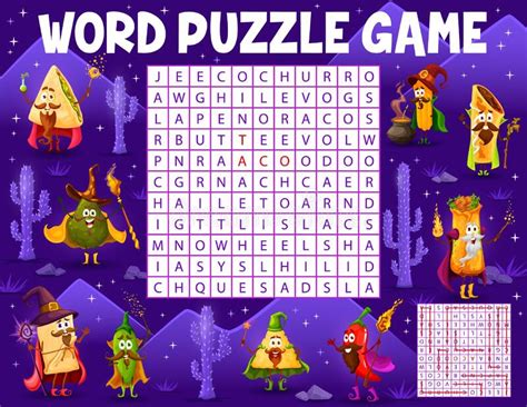 Word Search Puzzle Game Cartoon Tex Mex Wizards Stock Vector