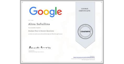 Alina Safiullina On Linkedin Completion Certificate For Analyze Data To Answer Questions