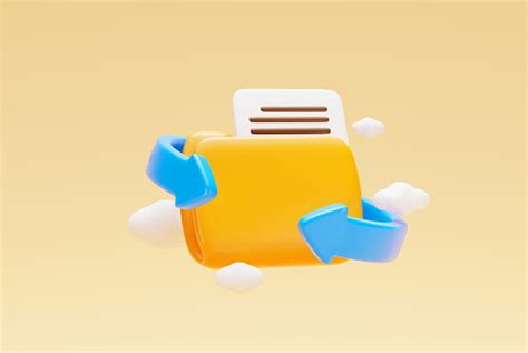 벨과 화살표가있는 폴더 파일 파일 전송 클라우드 서버 기술 데이터 이동 또는 복사 노란색 배경 3d 그림에 아이콘 또는 기호