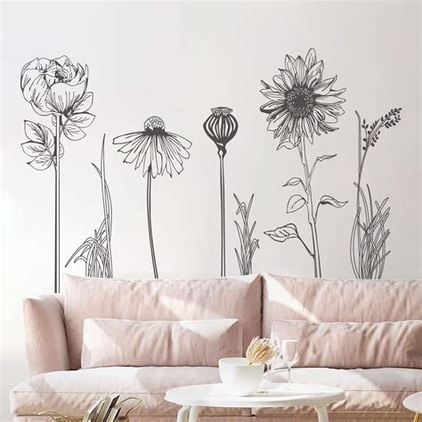 Black Simple Flower Plant Wall Decals 2 Sheets Large Boho