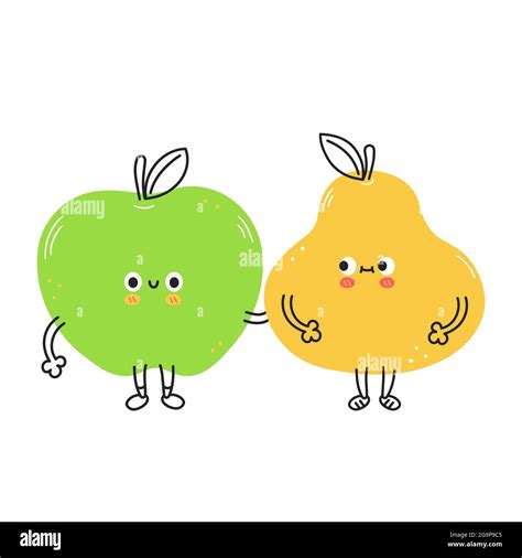 Cute Funny Pear And Apple Fruits Vector Hand Drawn Cartoon Kawaii Doodle Character Illustration