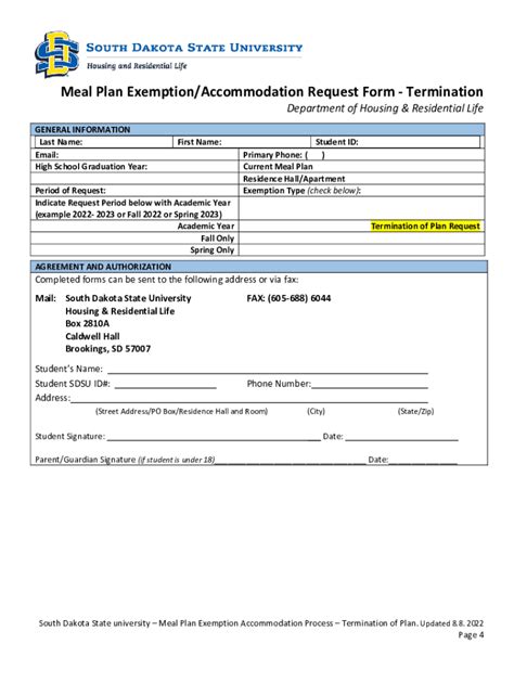 Fillable Online Meal Plan Exemptionaccommodation Termination Fax