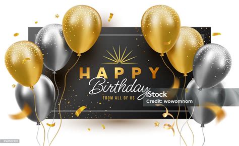 색종이 조각이 있는 검은 배경에 텍스트가 있는 황금색과 은색 비행 풍선의 벡터 휴일 템플릿 디자인 3d 현실적인 생일 축하 일러스트 공기 헬륨 풍선 공기 주입에 대한 스톡