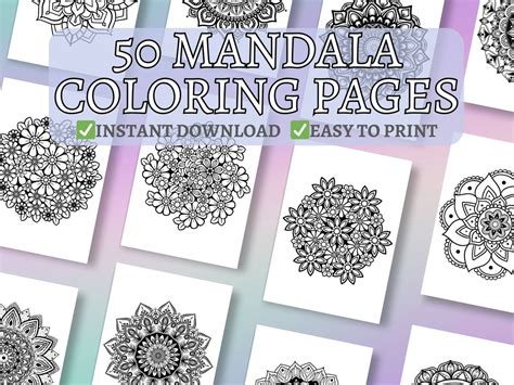 Digital Mandala Coloring Pages Adult Stress Relief Art Book 50