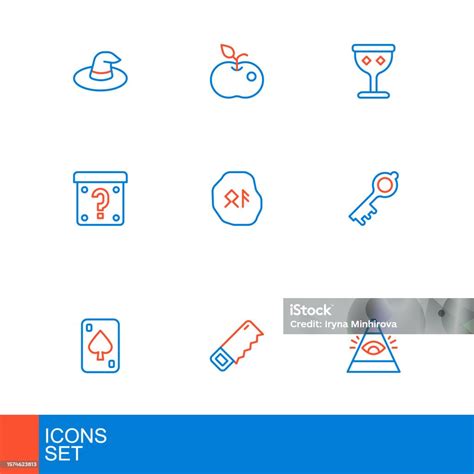 세트 라인 모든 것을 보는 신의 눈 손 톱 카드 놀이 오래된 마법 열쇠 미스터리 상자 마법 룬 중세 잔 및 독 사과 아이콘 벡터