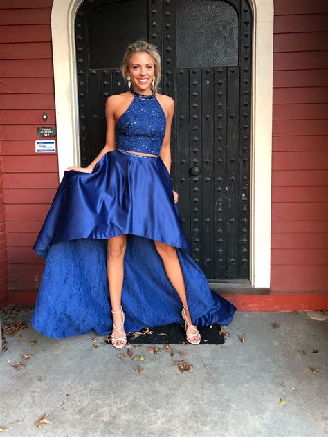 Two Piece Prom Dresses Halter A Line Lace Long High Neck Prom Dress Jk