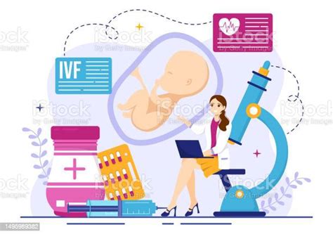 Ivf 또는 임신에 대한 인공 수정을 위한 체외 수정 벡터 일러스트레이션과 의사들은 수정란 만화 템플릿을 연구합니다 건강관리와