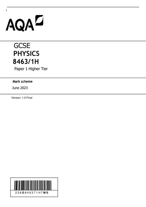 Gcse Aqa June 2024 Higher Triple Science Physics Paper 1 Mark Scheme Physics Stuvia Uk