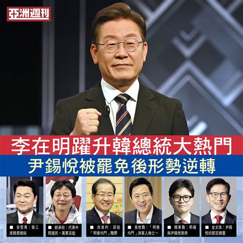 亞洲週刊 【李在明躍升韓總統大熱門 尹錫悅被罷免後形勢逆轉】 作者：朱紫彤 四月四日憲法法院裁定罷免尹錫悅後，第二十一屆韓國總統大選已經