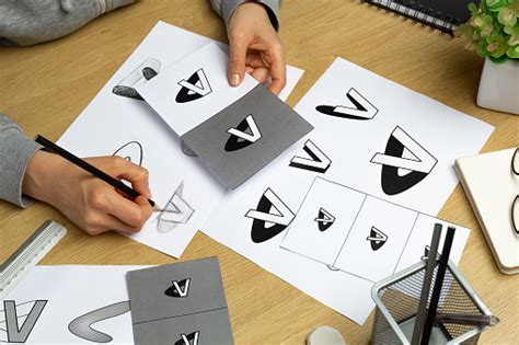 그래픽 디자이너는 브랜드 로고를 개발합니다 일러스트 레이터는 종이에 스케치를 그립니다 개발에 대한 스톡 사진 및 기타 이미지 개발 광고 그래픽 디자이너 Istock