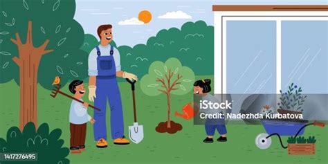 자녀와 부모 심기 아이들 정원 가꾸기가있는 아버지 행복한 정원사 가족이 정원을 돌 봅니다 갈퀴 또는 삽을 가진 소년 나무 심기의 소녀 급수 화려한 벡터 개념 나무에 대한