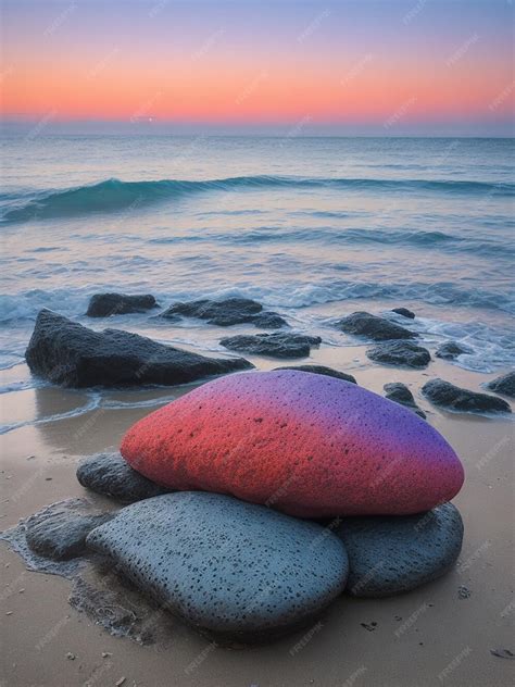 Premium Photo A Sunset On The Beach With A Rock In The Foreground