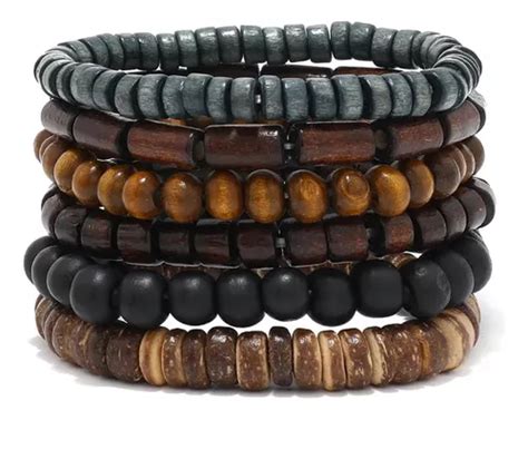 Pulseira Masculina De Madeira Casual Kit 6 Pulseiras MercadoLivre