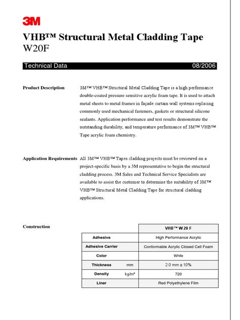 3m Vhb Structural Cladding Tape W20f Pdf Strength Of Materials Metals